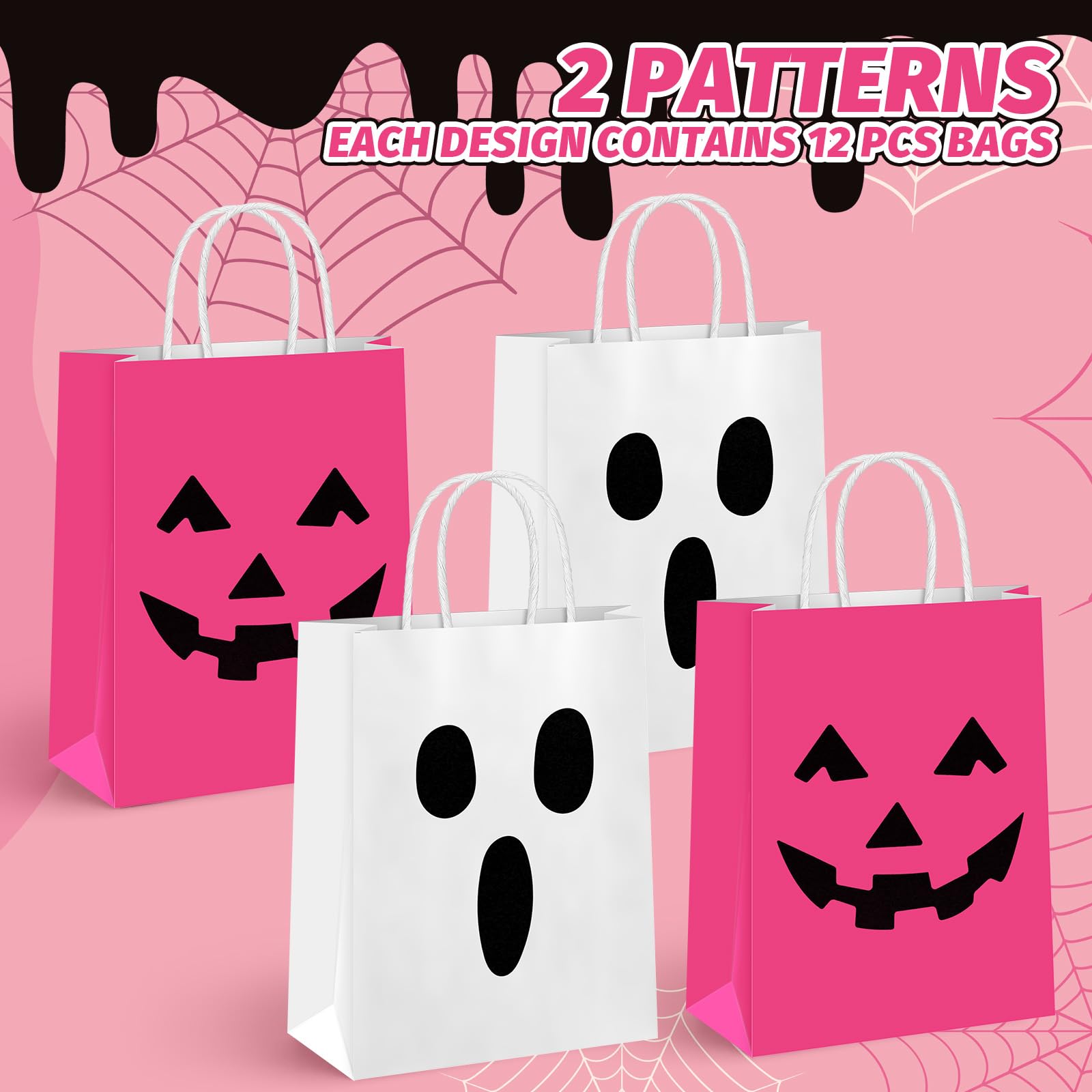 JarThenaAMCS 24Pcs Halloween Paper Gift Bags Pink White Ghost Pumpkin Party Favor Bags with Handle Goodie Candy Treat Bags for Halloween Party Decor Supplies