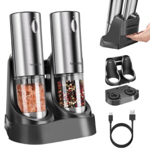 [upgraded larger capacity]electric salt and pepper grinder set tomentific, automatic pepper mills with easy-to-carry dual charging station and adjustable coarseness, led light, stainless steel