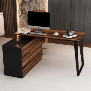 tamune l-shaped corner desk with drawers, office desk executive desk with storage cabinet, computer desk with black metal leg frame, for home office deep brown and black (54.3”w x 40.9”d x 29.1”h)