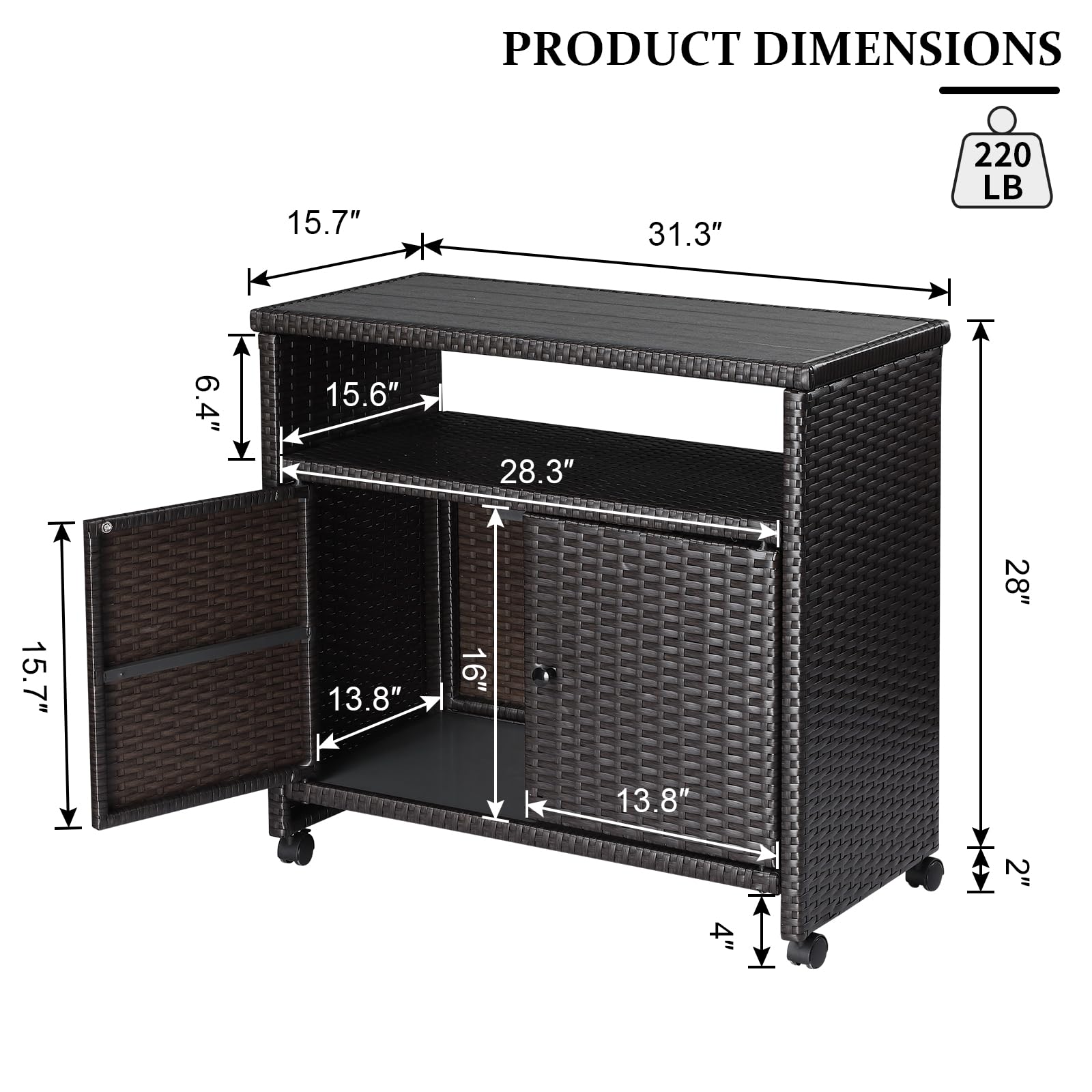 GOOGIC Outdoor Wicker Storage Cabinet - Patio Bar Table with Wheel,Outdoor Buffet Cabinet Movable,Garden Weather-Proof Bar Table/Cart for Indoor&Outdoor (Dark Brown)