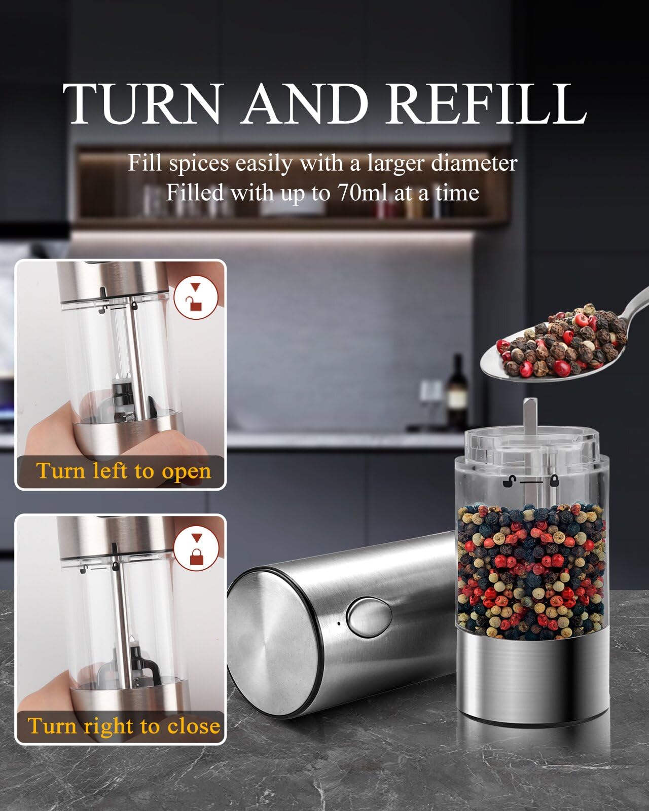 [Upgraded Larger Capacity]Electric Salt and Pepper Grinder Set Tomentific, Automatic Pepper Mills with Easy-to-Carry Dual Charging Station and Adjustable Coarseness, LED Light, Stainless Steel