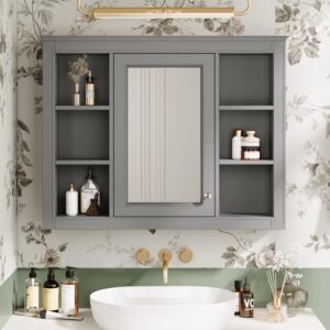 linique medicine cabinet with mirror and shelves, modern wall-mounted bathroom storage cabinet with soft-close door hinges, grey