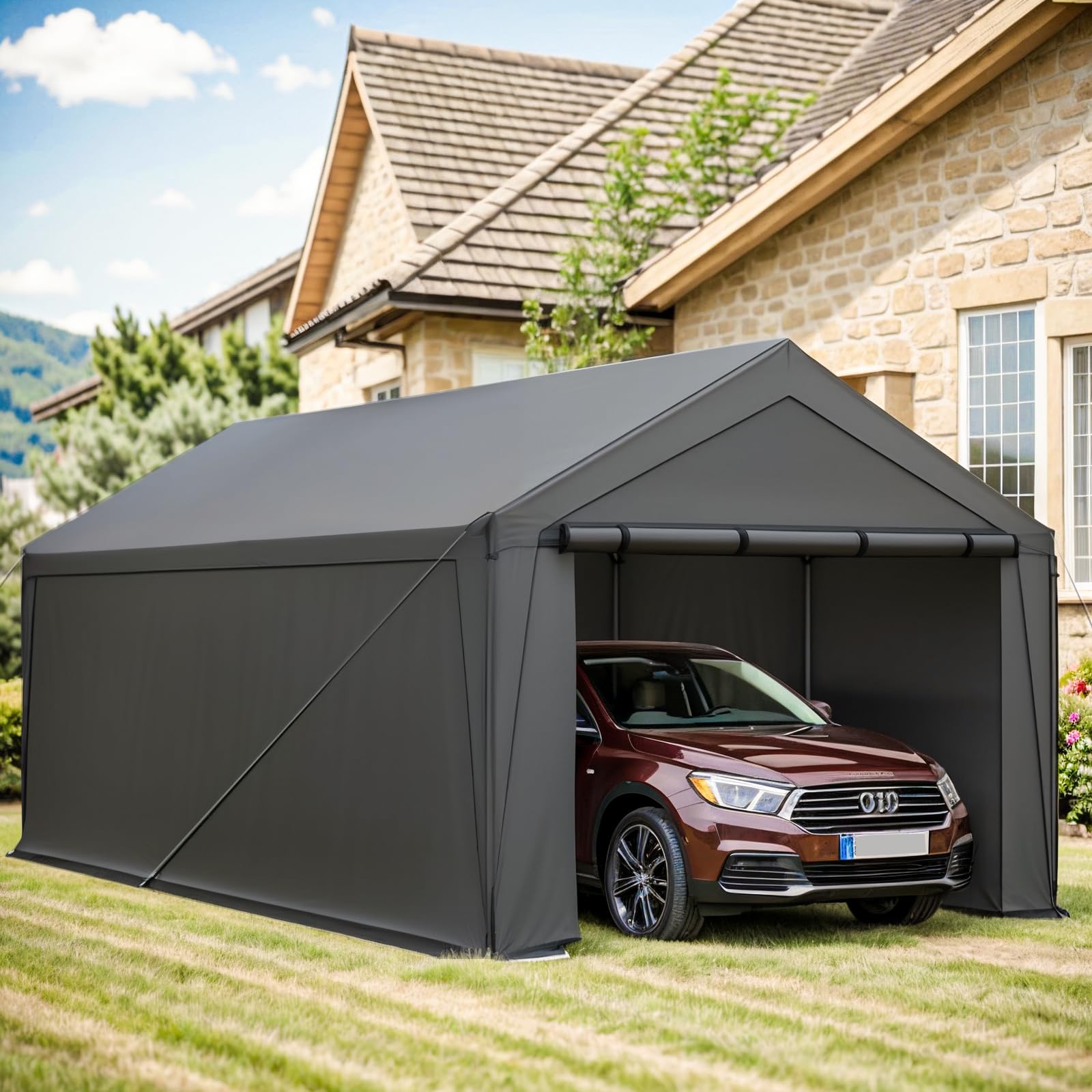 10×20 Carport Portable Carport Garage Heavy Duty with Sidewalls, Reinforeced Metal Frame, Waterproof Carport Canopy for Party Boat Cars and Storage (Grey)