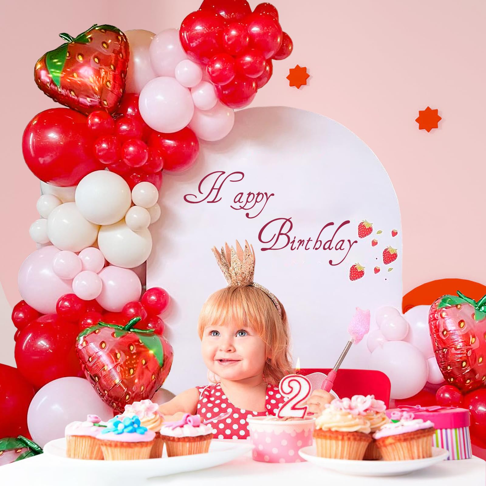 120pcs Strawberry Balloon Arch Garland Kit, Red and Pink Balloons with 27inch Strawberry Foil Balloons for Sweet One Berry First Birthday Baby Shower Strawberry Party Decorations