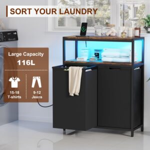 Qupui Laundry Hamper 2 Section with Shelf and LED Light, Laundry Sorter with 2 Pull Out and Removable Bags, Laundry Basket Organizer table with charging station for Laundry, Bedroom, Bathroom