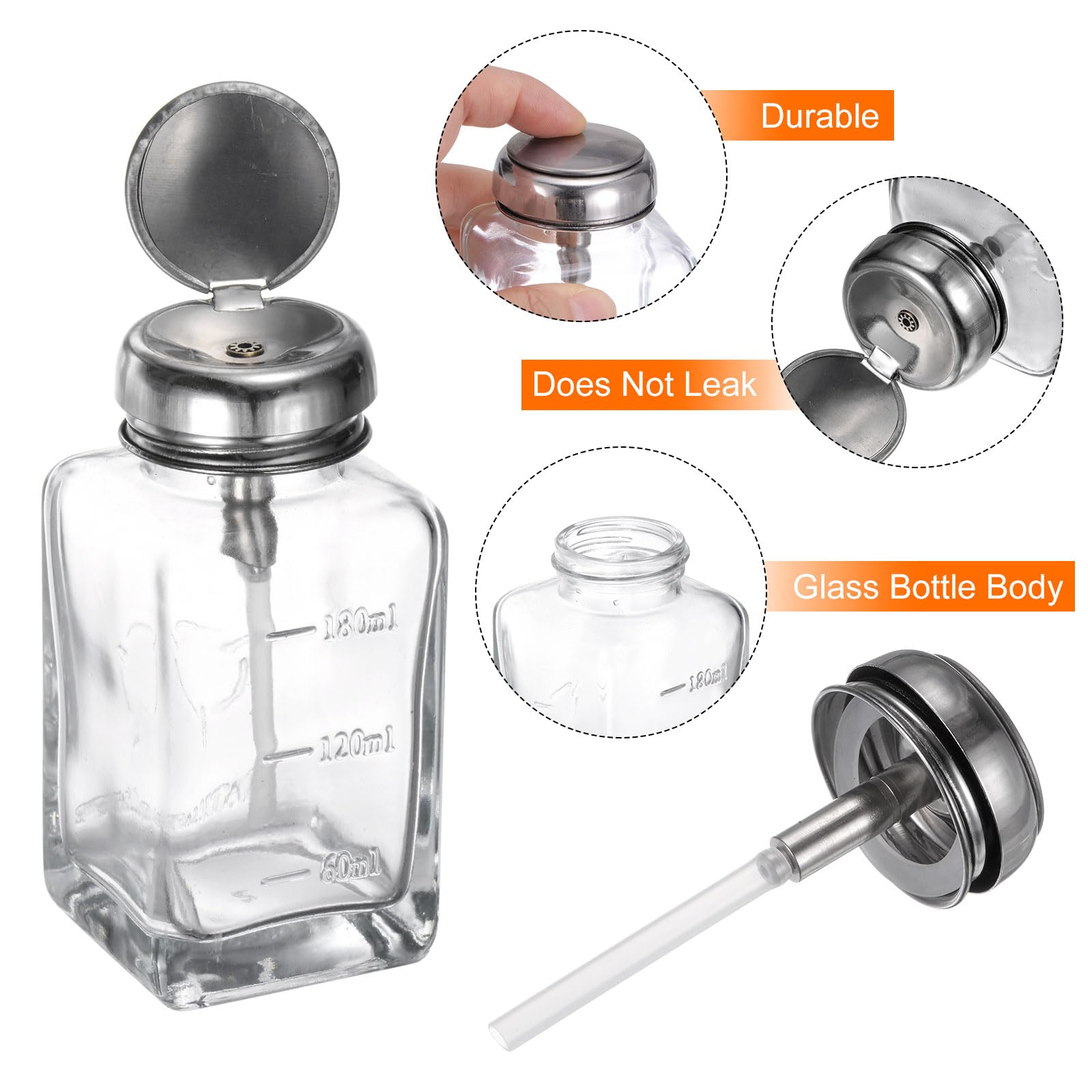 HARFINGTON 6Oz / 180ML Glass Pump Dispenser Bottle Square Clear Liquid Pumping Press Push Down Alcohol Container with Metal Flip Cover for Makeup Remover