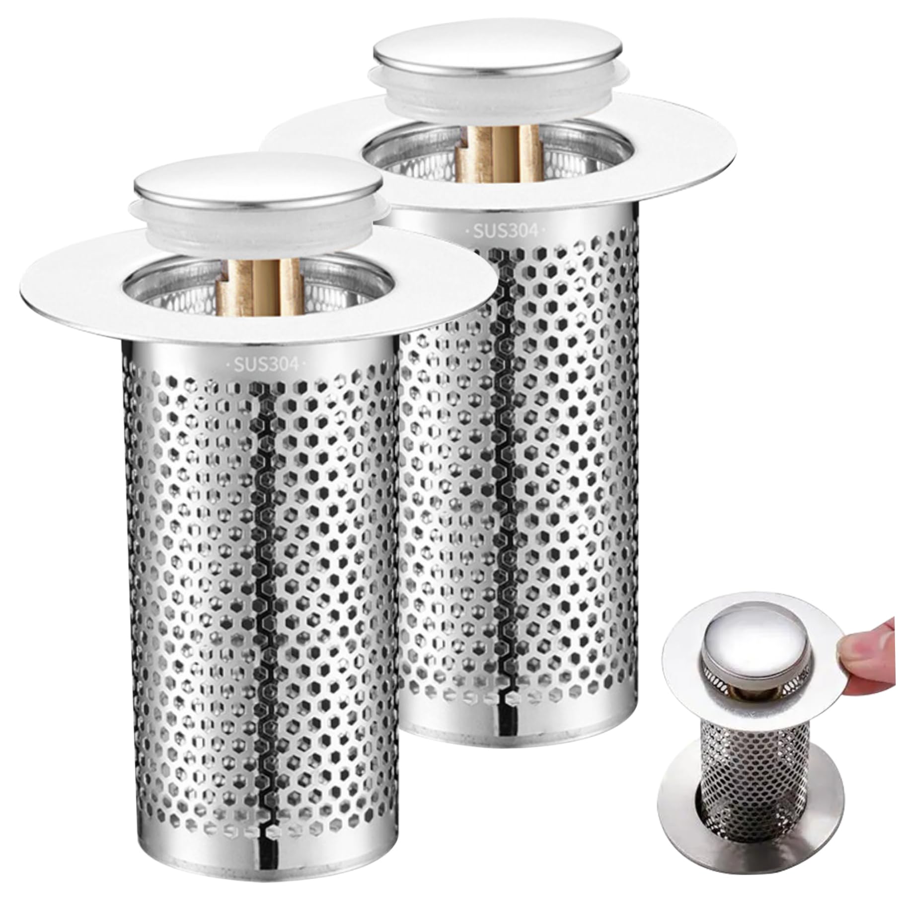 2 PCS Sink Drain Strainer Stainless Steel Drain Stopper Pop-up Washbasin Drain Filter with Removable Basket for Bathroom Kitchen Bathtub Water Pipe 2.2*3.2inch Long Sink Strainer Kitchen Drain Bathroo