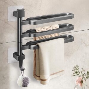 pysrych no drill swivel towel rack wall mounted 3-arm towel bar abs self-adhesive towel holder with hook for bathroom shower kitchen black