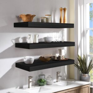 AT-VALY Floating Shelves Set of 3,Wall Shelves for Bedroom, Bathroom, Kitchen, Living Room,Hanging Shelves for Wall Decor 15.6IN (Black Grain)