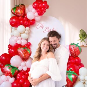 120pcs Strawberry Balloon Arch Garland Kit, Red and Pink Balloons with 27inch Strawberry Foil Balloons for Sweet One Berry First Birthday Baby Shower Strawberry Party Decorations