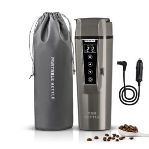 blongky portable electric car kettle: 12v/24v kettle mini water boiler for car heated travel mug,smart precision temperature adjustment coffee tea truck cup with handy kettle bag (taupe, 400ml)