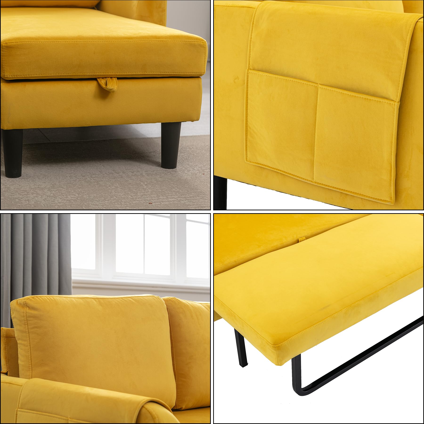 OUYESSIR L Shaped Sleeper Convertible Sofa with Pull Out Bed, Velvet Modern 3 Seater Sofa Couch with Storage Chaise Lounge, Upholstered Furniture for Living Room Bedroom Apartment, Yellow