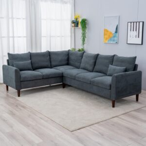 Panana Sectional Sofa Couch,Linen Fabric Couches for Living Room,L Shaped Couch, L Shaped Couch with USB Chaise (Grey - Curved Arm, 6 Seats Corner L Shape Sofa)