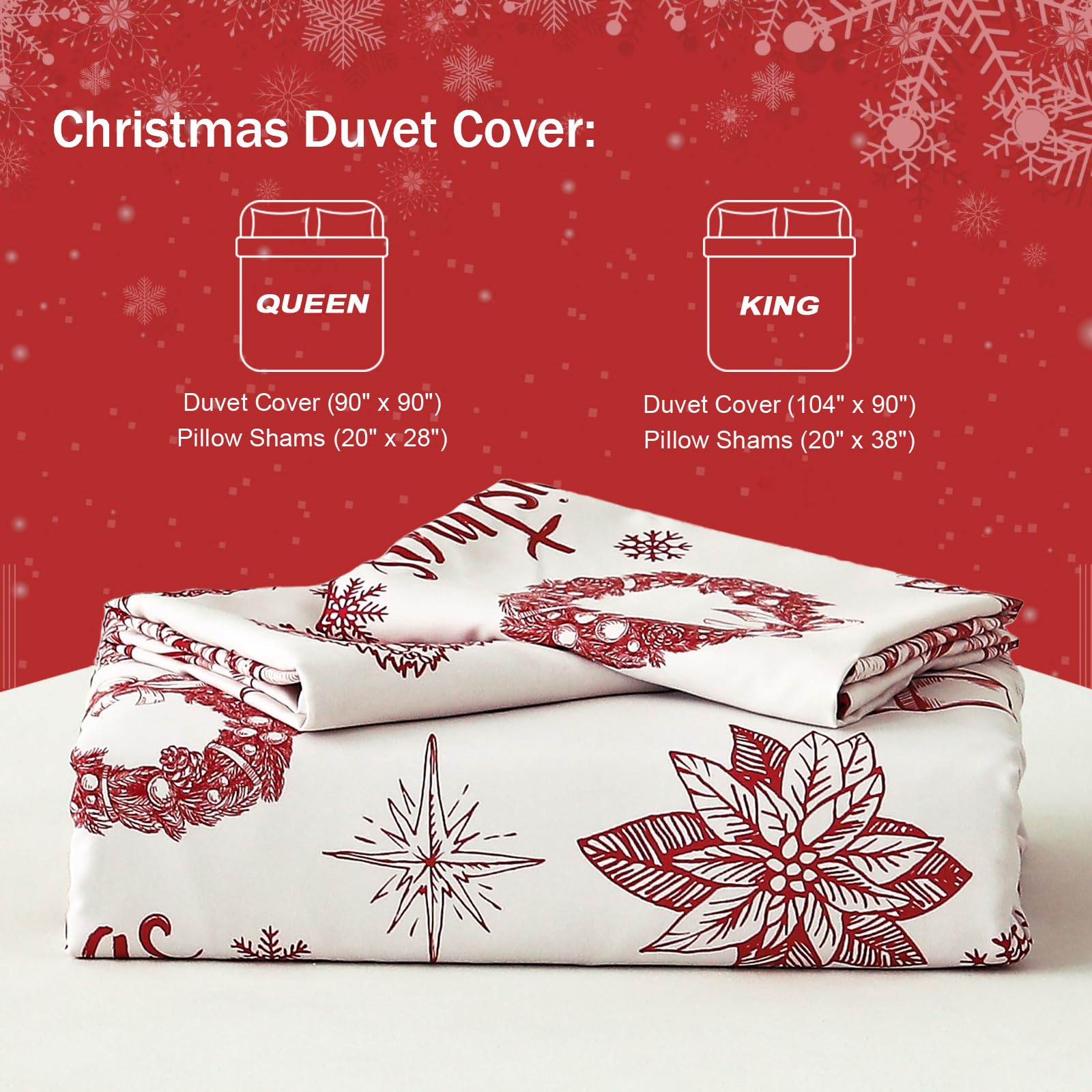 WONGS BEDDING Christmas Duvet Cover Set King, 3 Pcs Red Christmas Bedding Set with Elk, Snowflakes, Farmhouse, Soft Microfiber Comforter Cover Set Includes with 2 Pillowcases (Not Comforter)