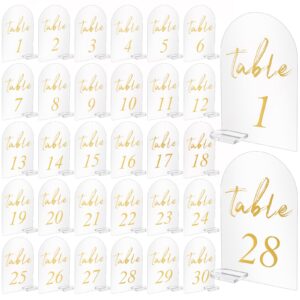 30 sets arch acrylic sign gold printed 1-30 table signs with stands calligraphy clear table number display stand for wedding reception event party restaurant centerpieces decor (4 x 6 inch)