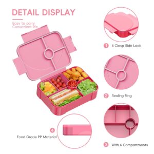 Winproper Lunch Box Kids Bento Box, Leakproof Bento Lunch Box with 6 Compartments, BPA-Free Men Women Lunch Containers for Adults/Kids/Students, 40 oz Portable On-the-Go Meal and Snack Packing - Pink