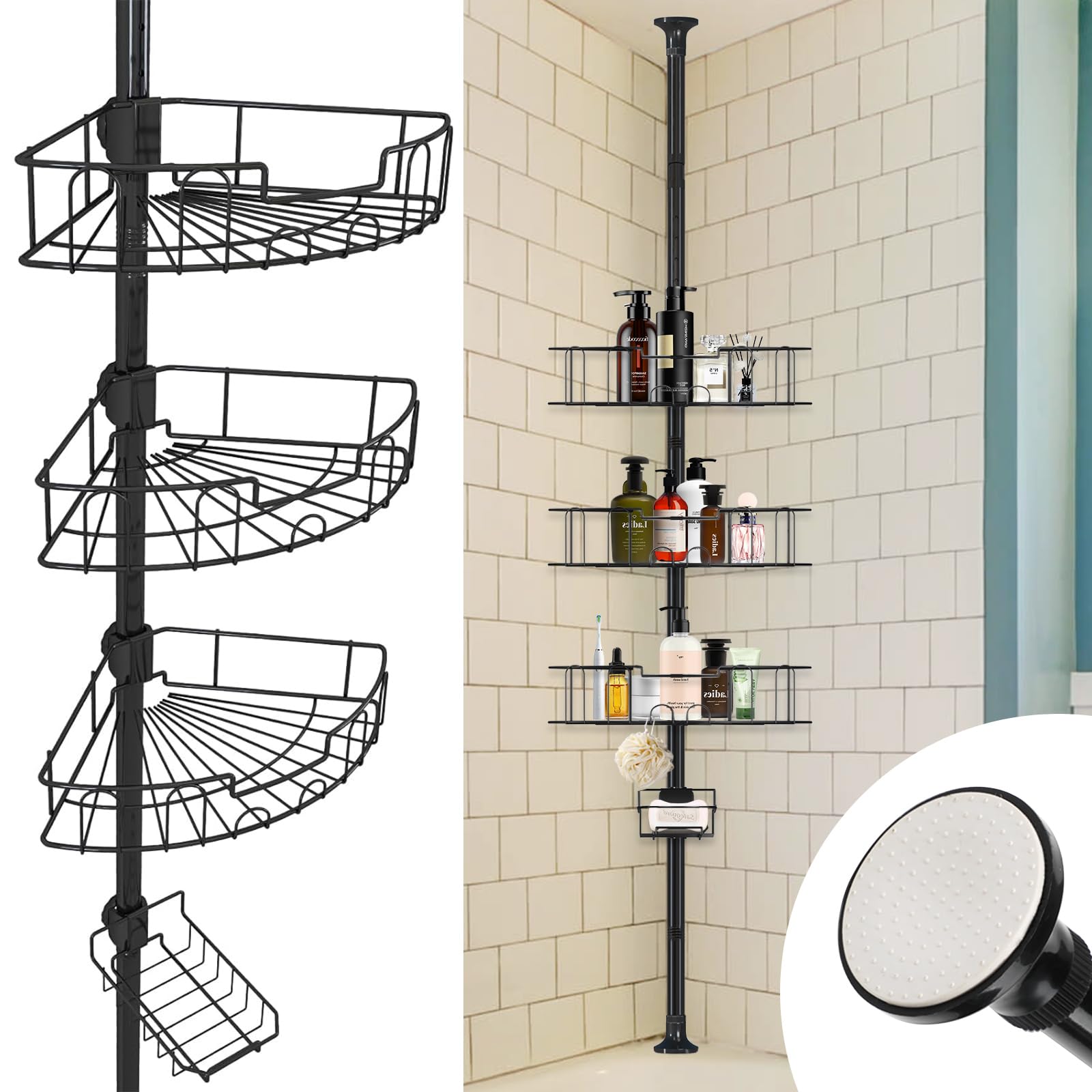 DIOVPLX Rustproof Shower Caddy Tension Pole, Stainless Steel Bathroom Bathtub Corner Shower Rack Shelves Storage Shampoo Holders for Inside Shower, 39"-125" Adjustable Shower Caddy Pole Black