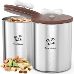 17 oz/6 cups+31 oz/10 cups 2pk stainless steel dog treat container airtight with wooden lid to keep fresh, metal dog food storage container with ceramic bone handle, easy clean dog treat jar bin