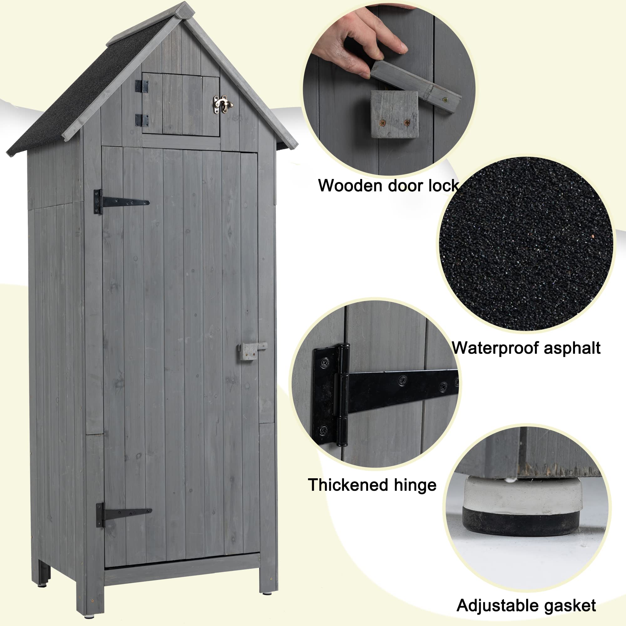 ItWorths Outdoor Storage Cabinet with Doors and Shelves, Lockable Wooden Tool Storage Shed with Waterproof Roof, All Weather Outside Shed Closet for Garden Patio Yard Garage, 3 Removable Shelves, Grey