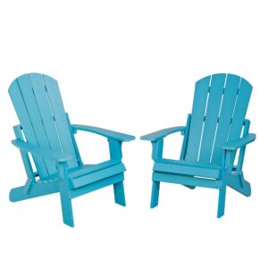 super deal set of 2 folding adirondack chair plastic weather resistant patio chairs outdoor accent furniture fire pit lounge chairs for yard, garden, patio 380lb weight capacity - blue