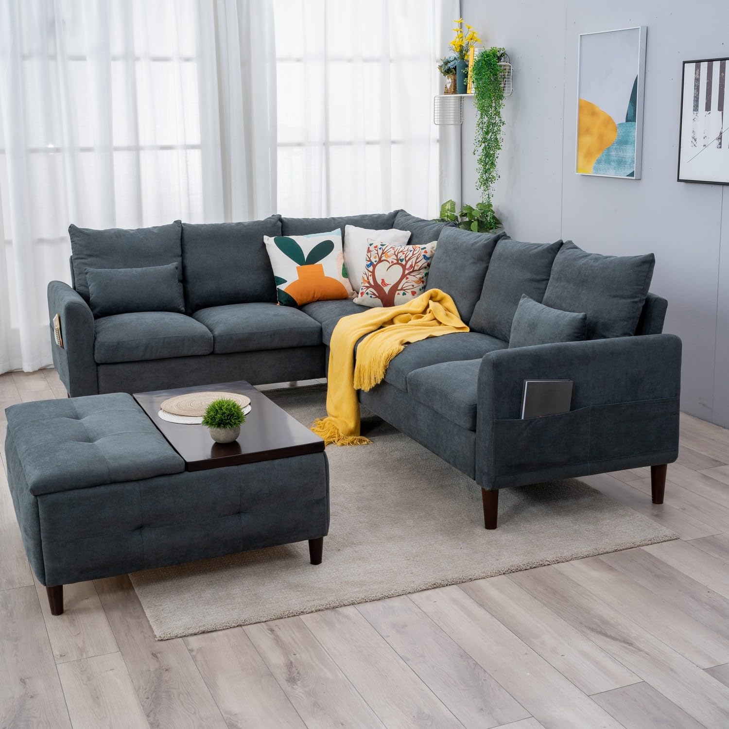 Panana Sectional Sofa Couch,Linen Fabric Couches for Living Room,L Shaped Couch, L Shaped Couch with USB Chaise (Grey - Curved Arm, 6 Seats Corner L Shape Sofa)