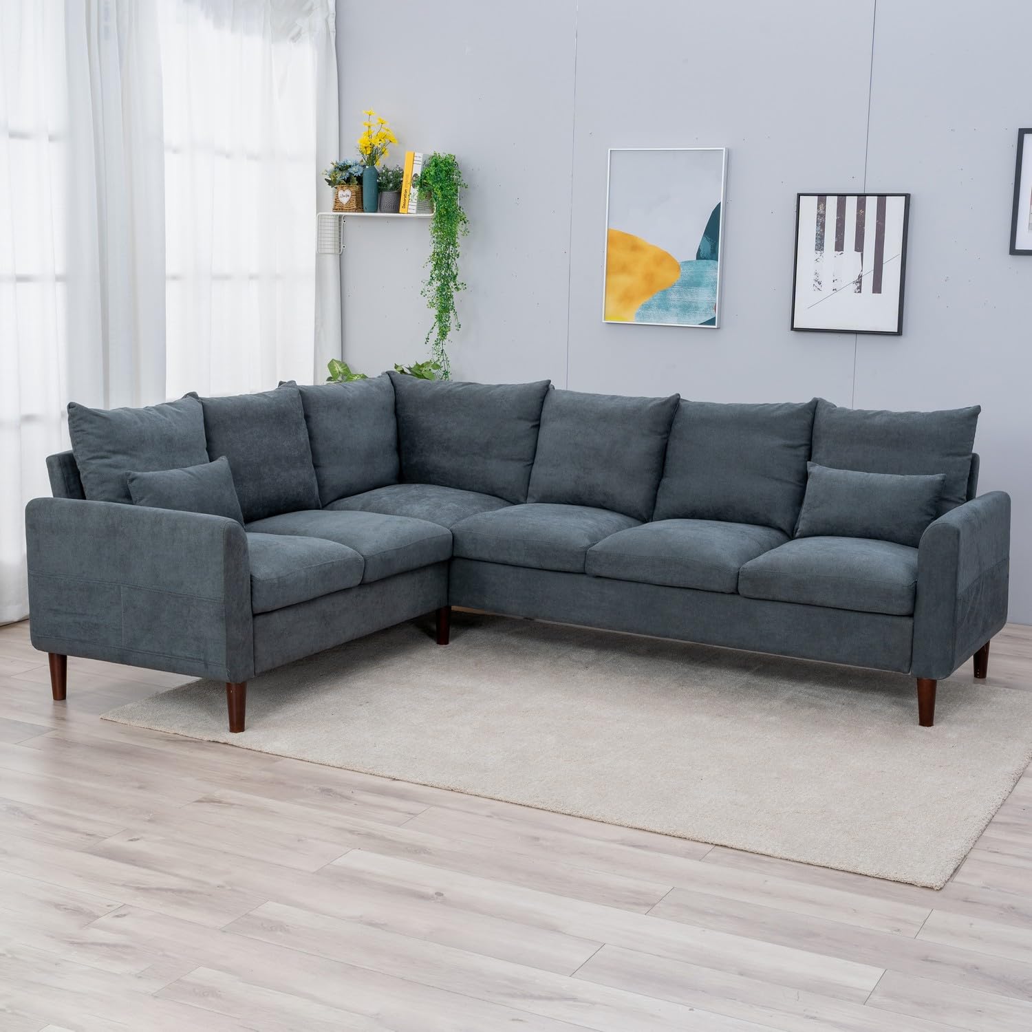 Panana Sectional Sofa Couch,Linen Fabric Couches for Living Room,L Shaped Couch, L Shaped Couch with USB Chaise (Grey - Curved Arm, 6 Seats Corner L Shape Sofa)