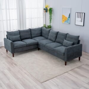 Panana Sectional Sofa Couch,Linen Fabric Couches for Living Room,L Shaped Couch, L Shaped Couch with USB Chaise (Grey - Curved Arm, 6 Seats Corner L Shape Sofa)