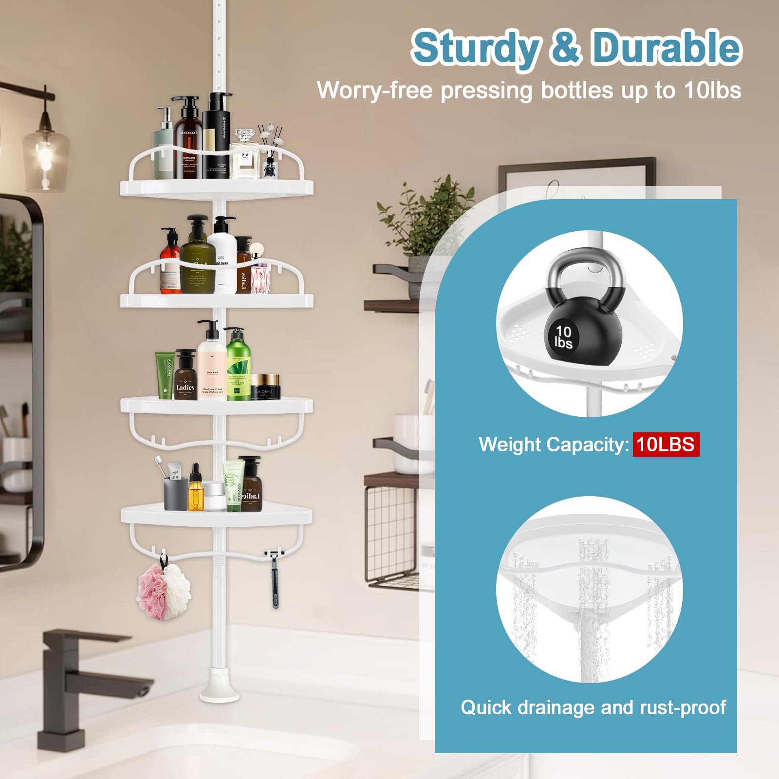 Corner Shower Caddy Tension Pole, Rustproof Bathtub Storage Organizer with 4 Adjustable Shelves, Bathroom Shower Rack Shampoo Holders for Inside Shower, 40"-120" Floor to Ceiling Shower Caddy White