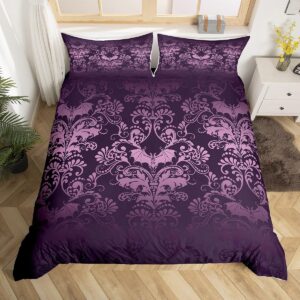 erosebridal adults damask gothic bedding set antique victorian duvet cover full,vintage floral goth comforter cover bat bed set,bats sugar skull bone skeleton bohemian baroque decor,purple lilac