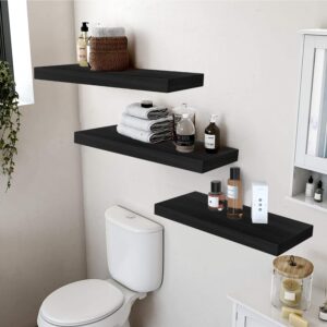 AT-VALY Floating Shelves Set of 3,Wall Shelves for Bedroom, Bathroom, Kitchen, Living Room,Hanging Shelves for Wall Decor 15.6IN (Black Grain)