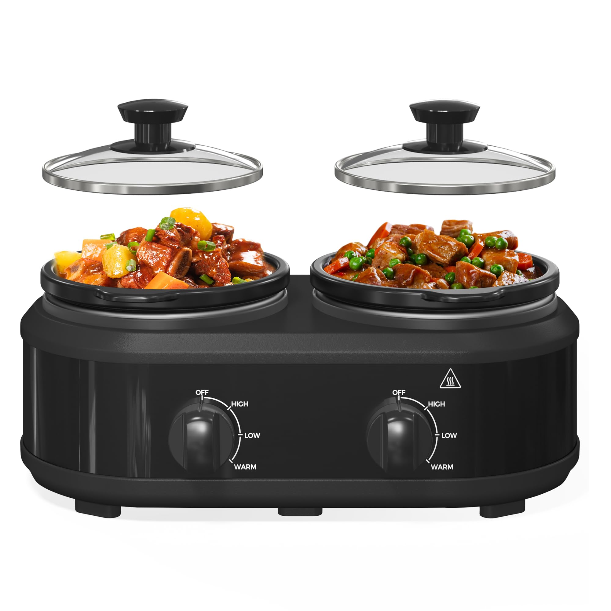 Double Slow Cooker Buffet Server and Warmers, Small Slow Cooker with 3 Individual Adjustable Temp, Dishwasher Safe Dual Ceramic Pots, Total 2.5 Quarts, Black