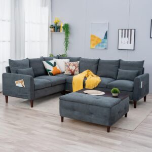 panana sectional sofa couch,linen fabric couches for living room,l shaped couch, l shaped couch with usb chaise (grey - curved arm, 6 seats corner l shape sofa)