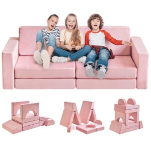 redlife modular kids play couch, kids play couch for age 1-16, kids modular couch for playroom bedroom living room, kids couch building fort, convertible play foam couch for boy and girls(pink)