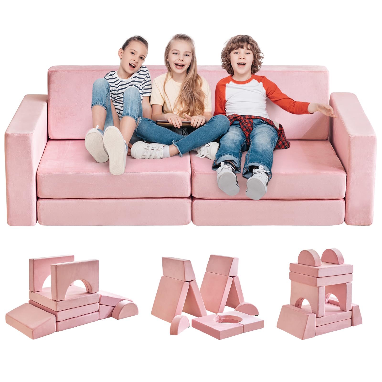 Redlife Modular Kids Play Couch, Kids Play Couch for Age 1-16, Kids Modular Couch for playroom Bedroom Living Room, Kids Couch Building Fort, Convertible Play Foam Couch for Boy and Girls(Pink)