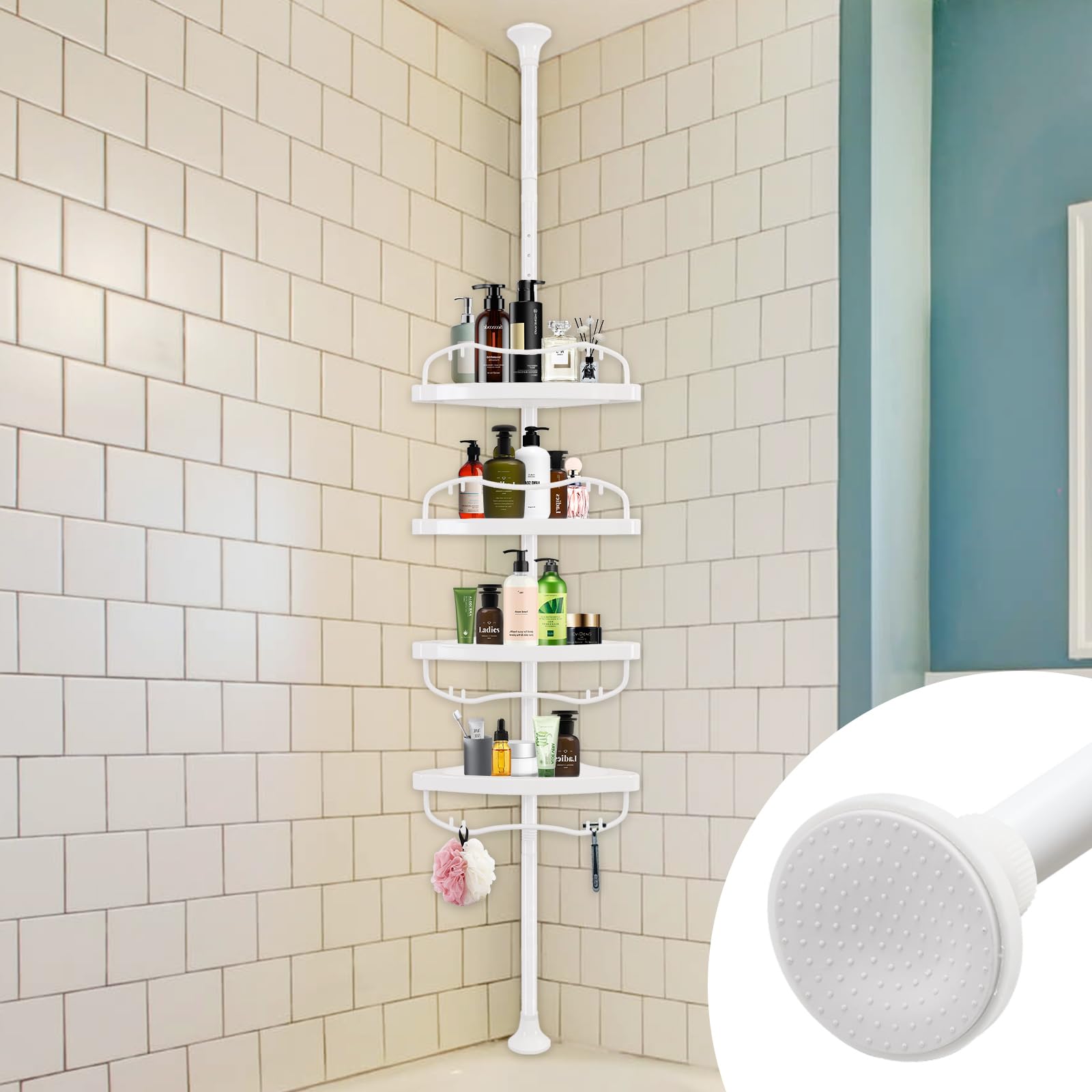 Corner Shower Caddy Tension Pole, Rustproof Bathtub Storage Organizer with 4 Adjustable Shelves, Bathroom Shower Rack Shampoo Holders for Inside Shower, 40"-120" Floor to Ceiling Shower Caddy White