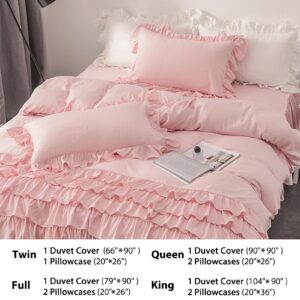 Rvciby Ruffle Duvet Cover Queen Size,Soft and Breathable Washed Microfiber Princess Bedding Set,3 Pieces,1 Duvet Cover with Zipper Closure & Corner Ties and 2 Pillow Shams,90 X 90 Inches (Queen,Pink)