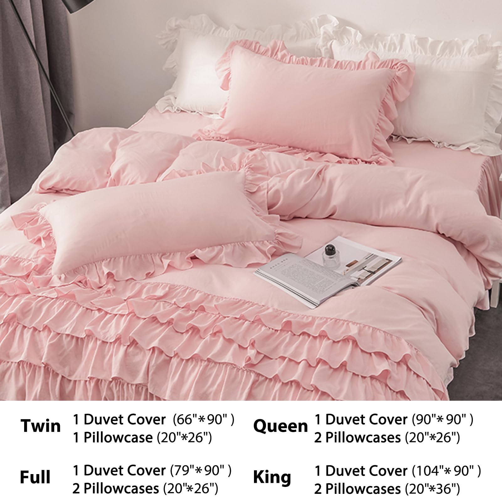 Rvciby Ruffle Duvet Cover Queen Size,Soft and Breathable Washed Microfiber Princess Bedding Set,3 Pieces,1 Duvet Cover with Zipper Closure & Corner Ties and 2 Pillow Shams,90 X 90 Inches (Queen,Pink)