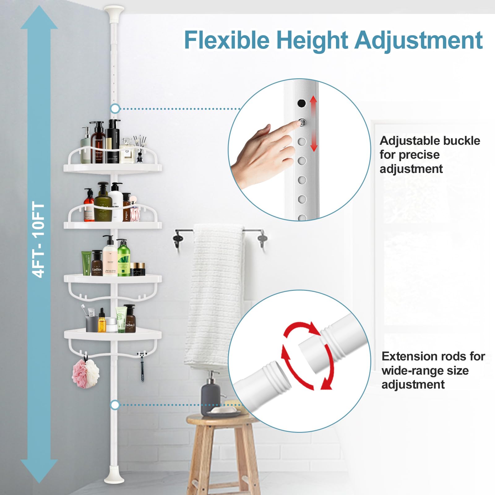 Corner Shower Caddy Tension Pole, Rustproof Bathtub Storage Organizer with 4 Adjustable Shelves, Bathroom Shower Rack Shampoo Holders for Inside Shower, 40"-120" Floor to Ceiling Shower Caddy White