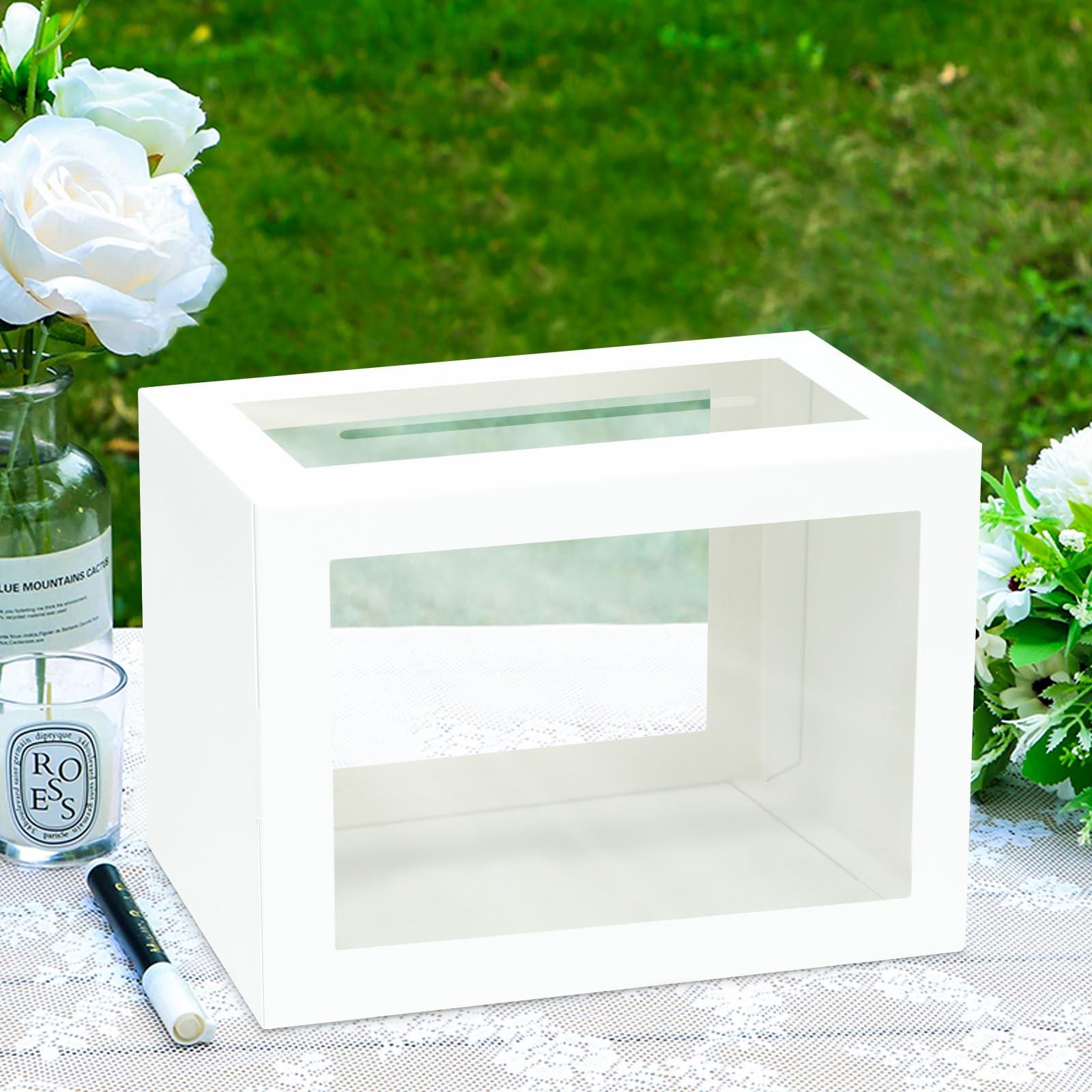 Mulbozy Gift Cards Box Holder with Clear Window for Wedding Receptions (Transparent Window, White)