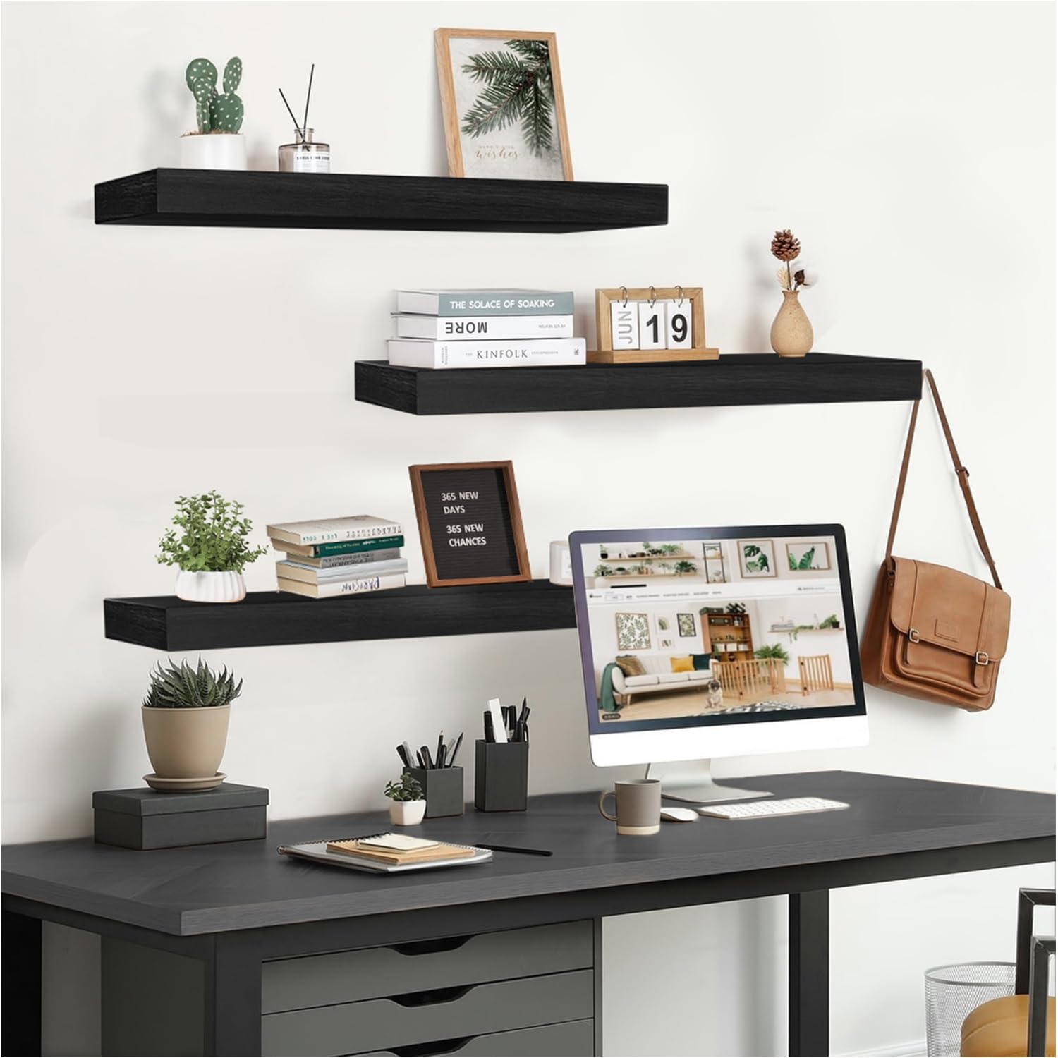 AT-VALY Floating Shelves Set of 3,Wall Shelves for Bedroom, Bathroom, Kitchen, Living Room,Hanging Shelves for Wall Decor 15.6IN (Black Grain)