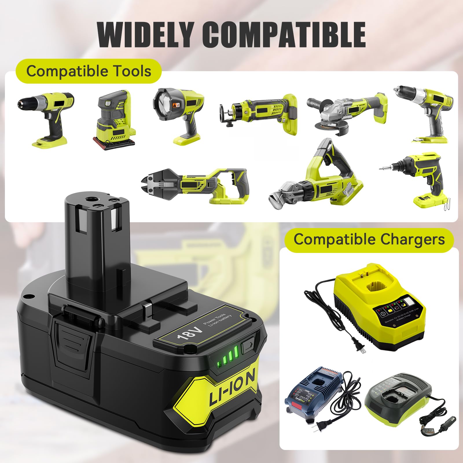 JUNWOOD Upgraded 2Pack 8.0Ah Replacement for Ryobi 18V Battery Lithium with P117 Charger Compatible with Ryobi ONE+ Plus P102 P103 P104 P105 P107 P108 P109 Cordless Tools