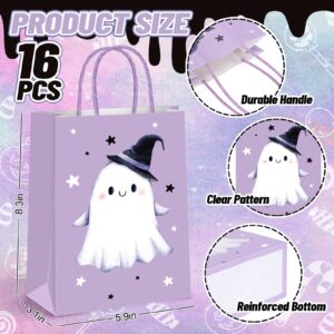 JarThenaAMCS 16Pcs Happy Halloween Paper Gift Bags Cute Ghost Party Favor Bags with Handle Lilac Purple Goodie Candy Treat Bags for Halloween Party Decor Supplies