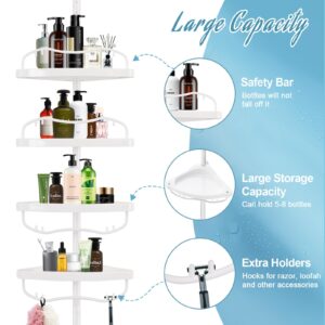 Corner Shower Caddy Tension Pole, Rustproof Bathtub Storage Organizer with 4 Adjustable Shelves, Bathroom Shower Rack Shampoo Holders for Inside Shower, 40"-120" Floor to Ceiling Shower Caddy White