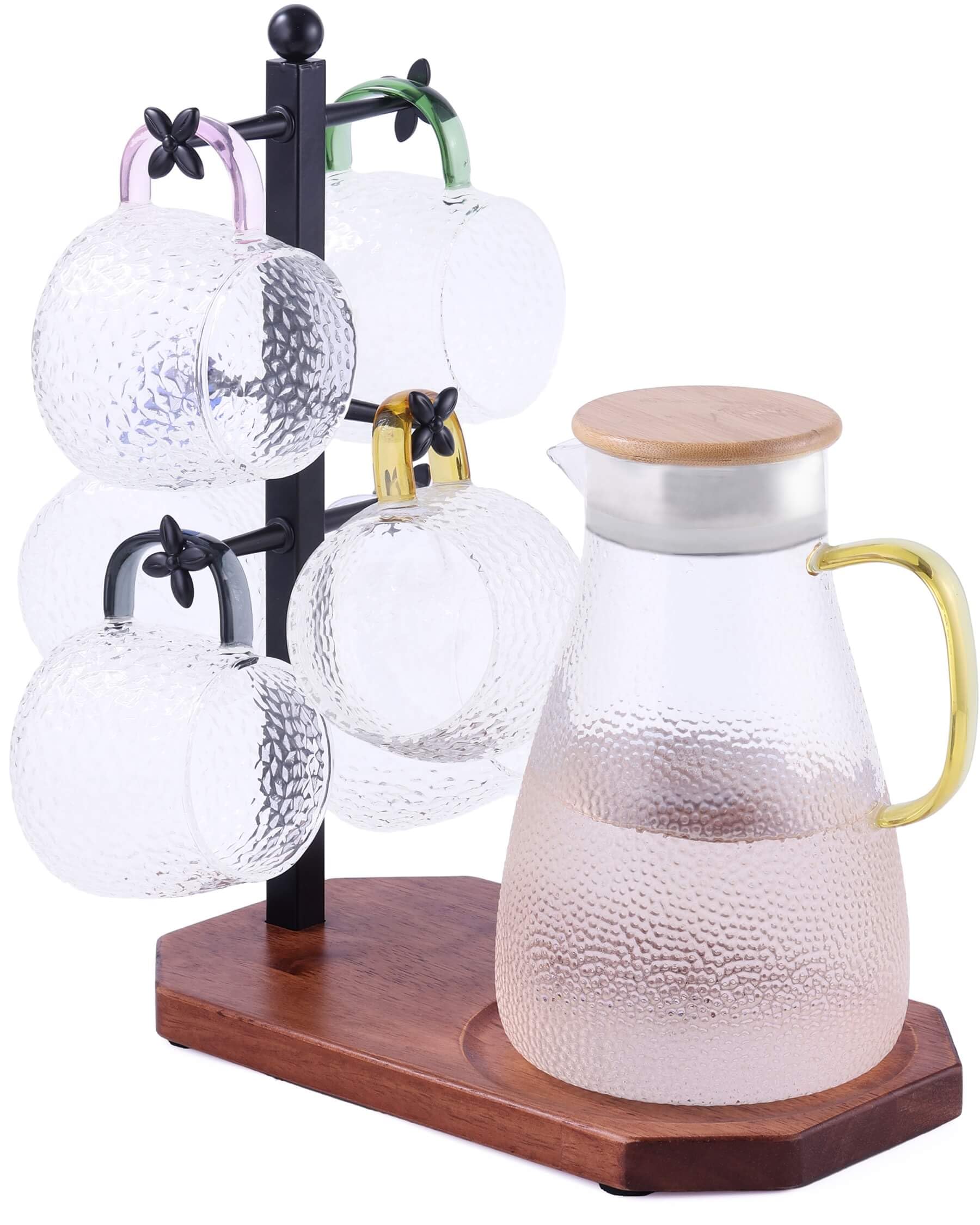 Mug Tree for Large Mugs, Mug Holder for Counter, Coffee Mug Tree for Counter, Mug Rack with 6 Hooks and Coffee Pot Tray, Multi-Function Mug Stand for Counter, Coffee Bar Accessory & Kitchen Organizer