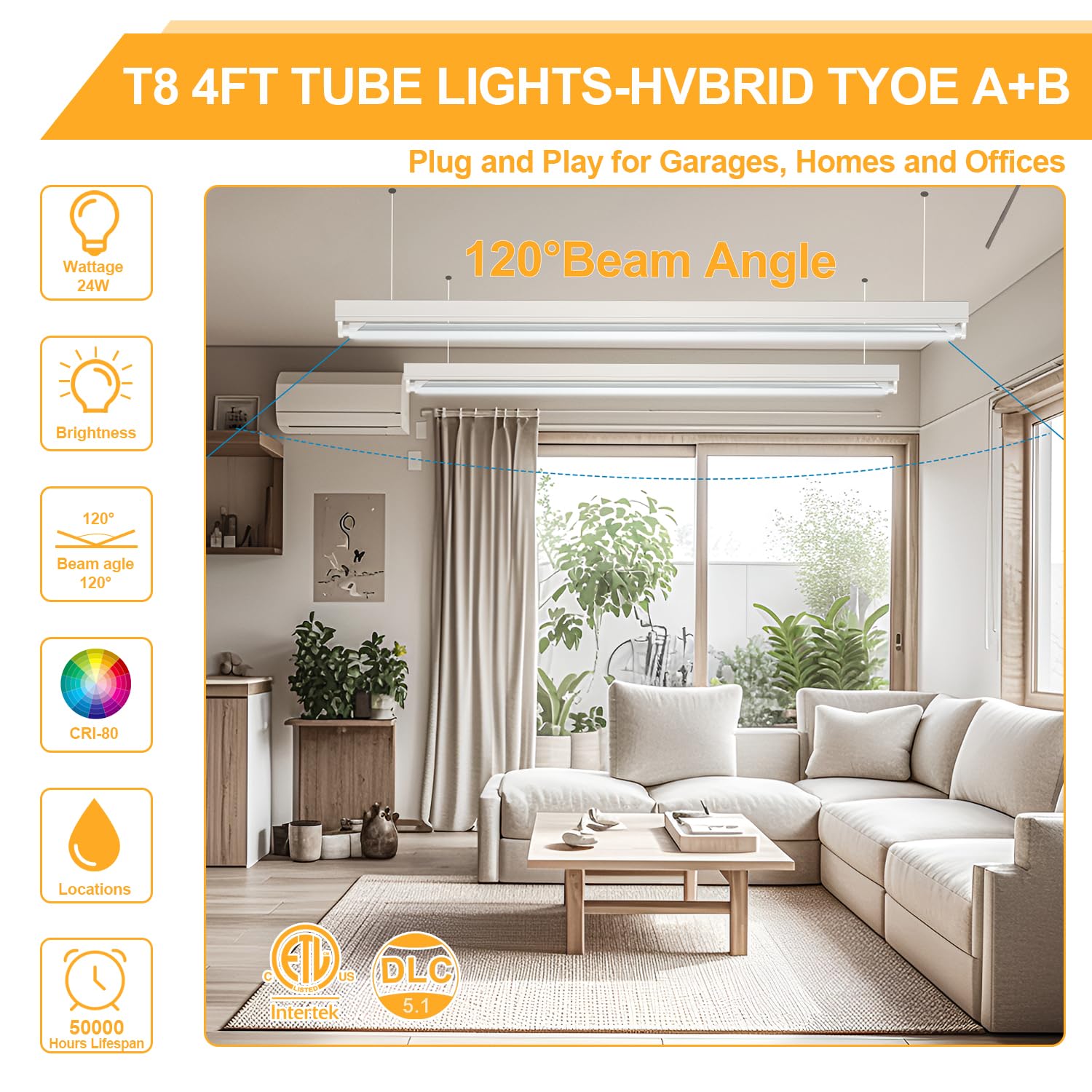 T8 T12 LED Tube Light Bulbs 4 Foot, ETL DLC litsted, Plug & Play or Ballast Bypass, Super Bright 24W 5000K 3120LM Durable Type A+B Light Tube, T8 4ft Fluorescent Tube Replacement (6 Pack Clear)