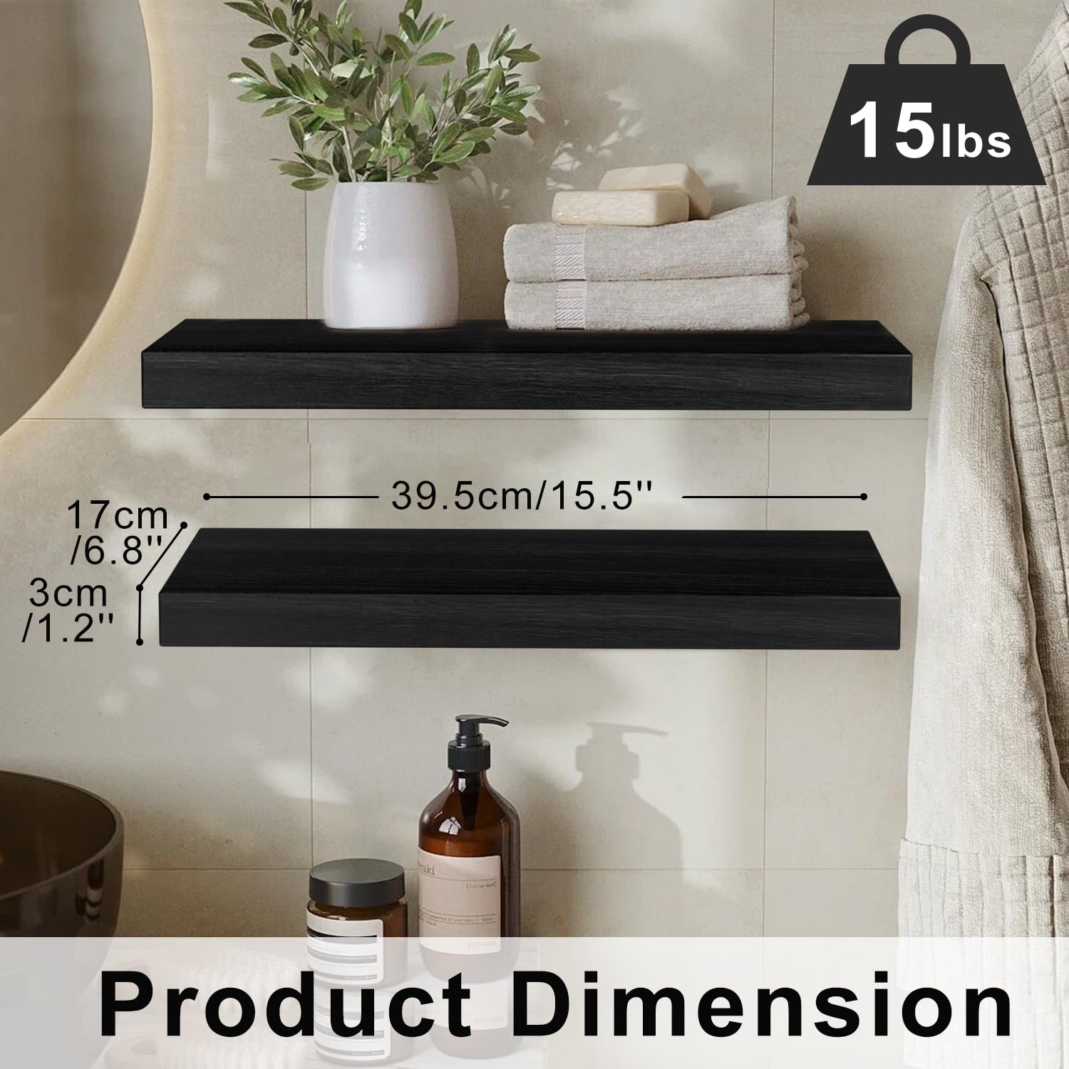 AT-VALY Floating Shelves Set of 3,Wall Shelves for Bedroom, Bathroom, Kitchen, Living Room,Hanging Shelves for Wall Decor 15.6IN (Black Grain)