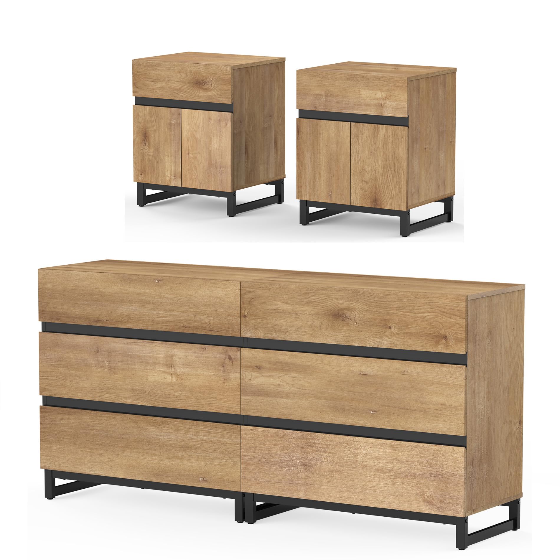 WAMPAT Dresser and Nightstand Set of 3, 63 Inches Dresser with 6 Drawers, 2 Nightstand with Drawer and Cabinet for Bedroom, Bedroom Furniture Set, Oak