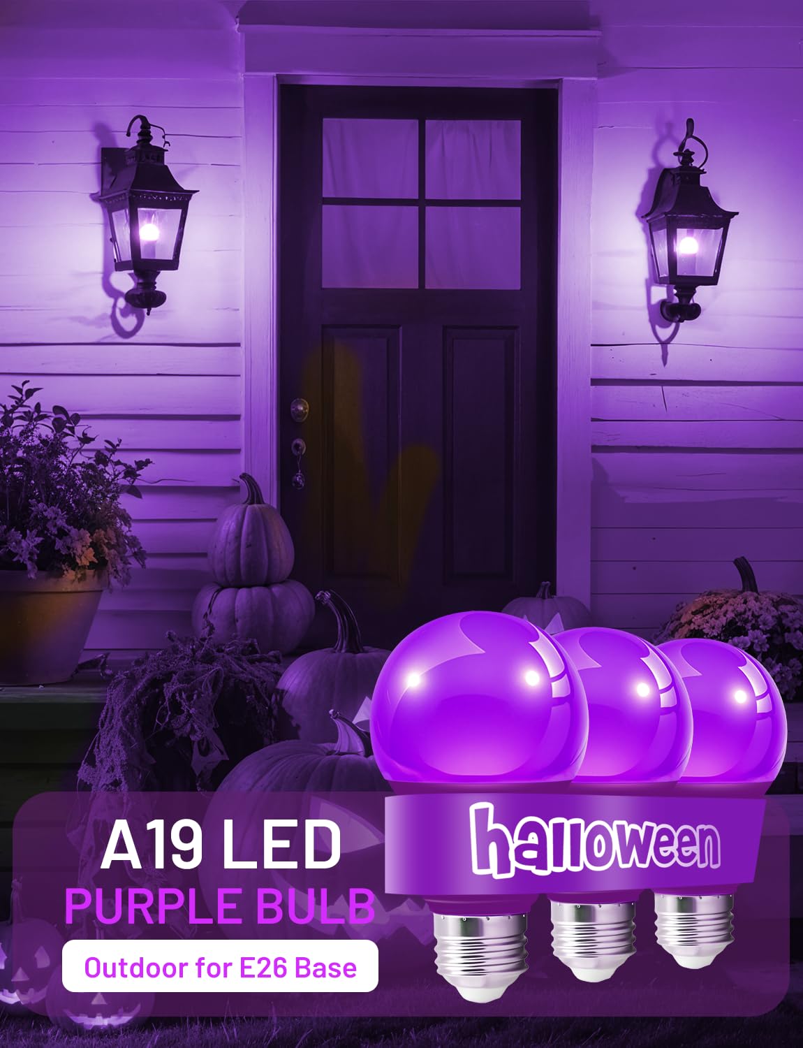 MCDYLUK LED A19 Purple Light Bulbs, 9W (60W Equivalent), E26 Base LED Purple Bulb, Non-Dimmable, Halloween Decoration, Party Decoration, Porch, Front Door, Home Lighting, Holiday Lighting, Pack of 3