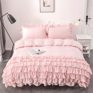 rvciby ruffle duvet cover queen size,soft and breathable washed microfiber princess bedding set,3 pieces,1 duvet cover with zipper closure & corner ties and 2 pillow shams,90 x 90 inches (queen,pink)