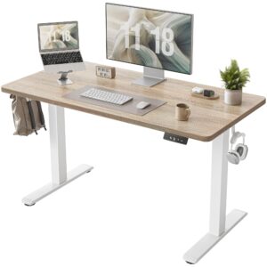 tiqlab standing desk 47 x 24 inch, electric height adjustable desk with splice board, stand up desk with casters, sit stand desk computer desk for home office, white frame/maple top